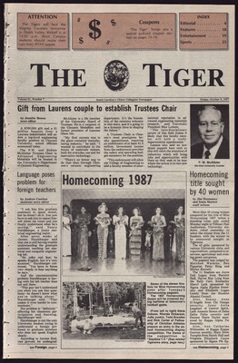 "The Tiger Vol. 81 Issue 7 1987-10-09" by Clemson University